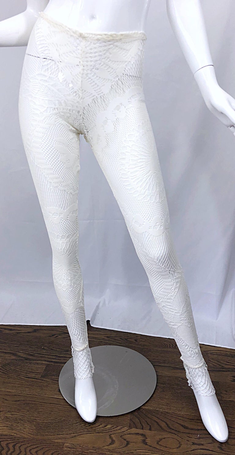 New 1990s Jean Paul Gaultier White Crochet Sheer Vintage 90s Leggings ...