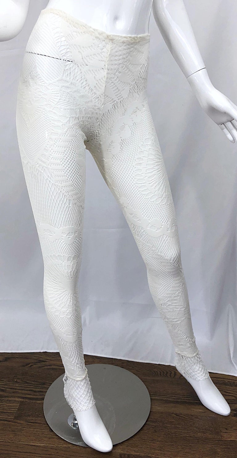 New 1990s Jean Paul Gaultier White Crochet Sheer Vintage 90s Leggings ...