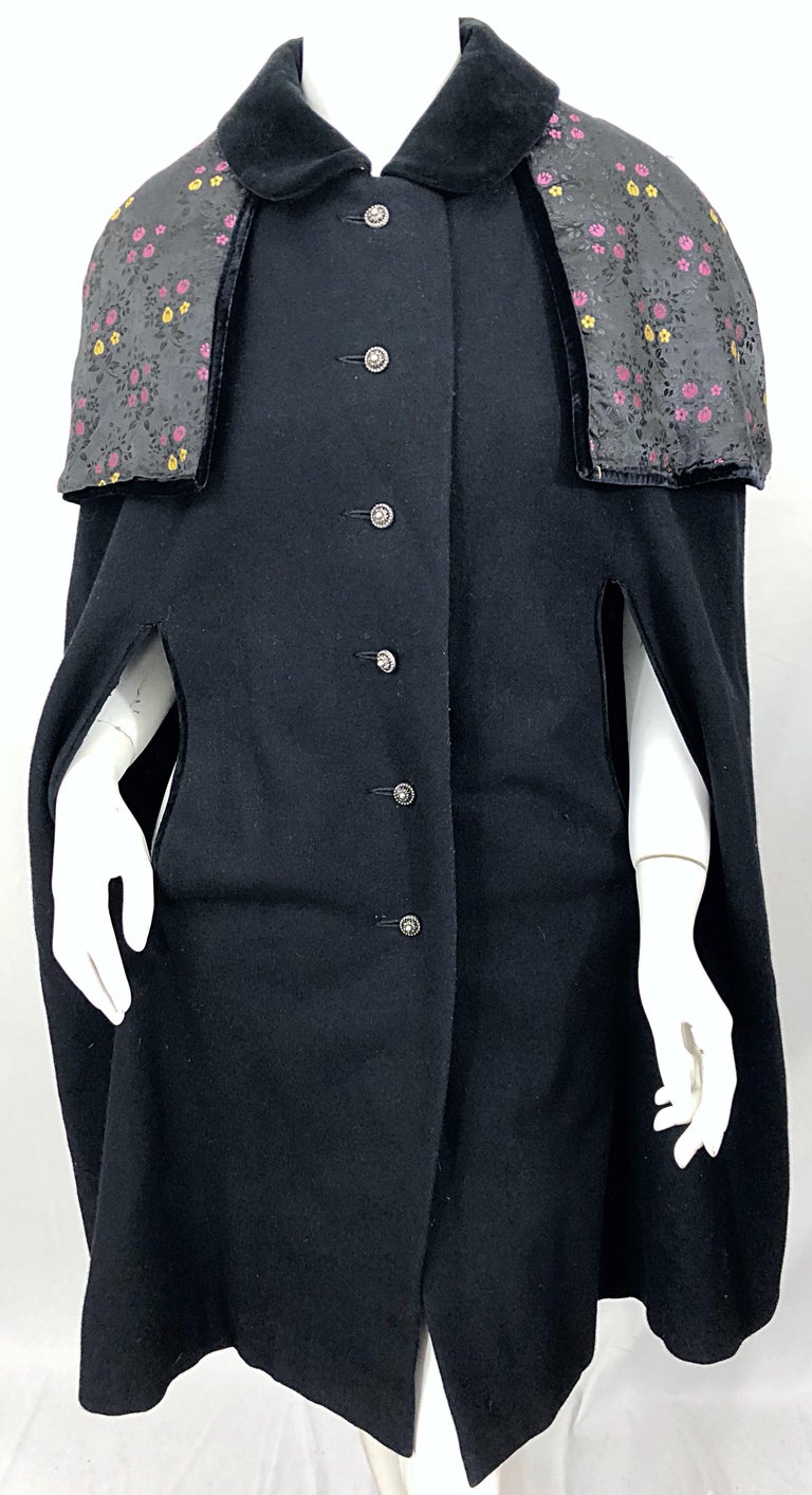 1960s German Made Black Wool Vintage 60s Chic Swing Cape Jacket Coat ...