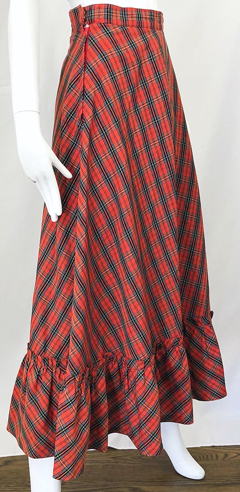 1970s Red Plaid Cotton Voile Ruffled Hem Vintage 70s Maxi Skirt For ...