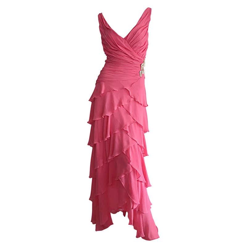 Beautiful 1990s Vintage Tadashi Shoji Pink Silk Chiffon Tiered Dress At