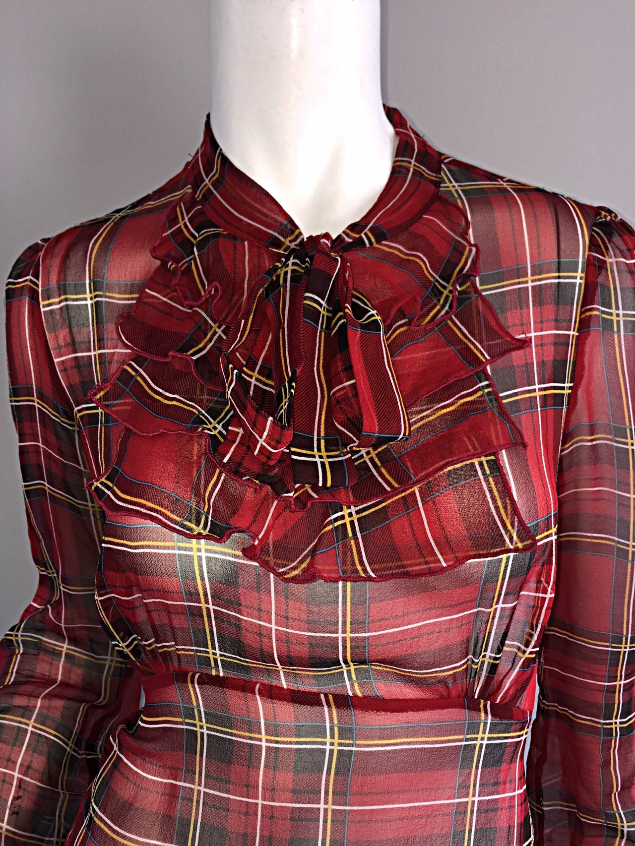1990s Vintage Betsey Johnson Tartan Plaid Tuxedo Ruffle Silk Blouse w ...