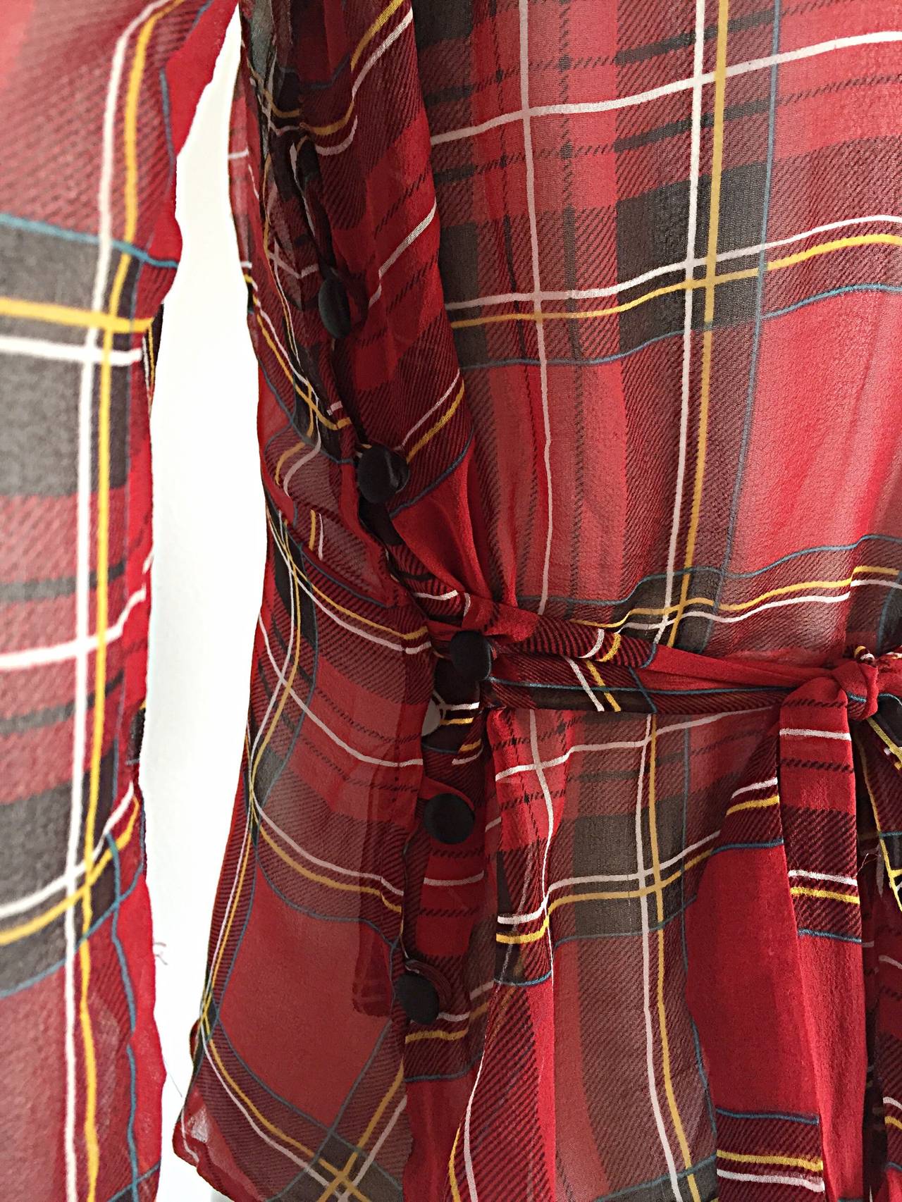 1990s Vintage Betsey Johnson Tartan Plaid Tuxedo Ruffle Silk Blouse w ...