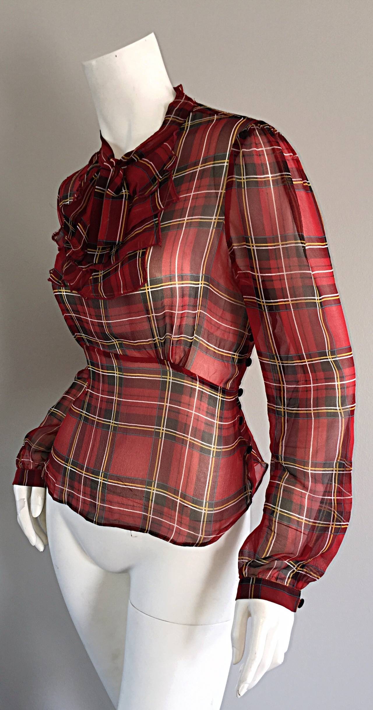 1990s Vintage Betsey Johnson Tartan Plaid Tuxedo Ruffle Silk Blouse w ...
