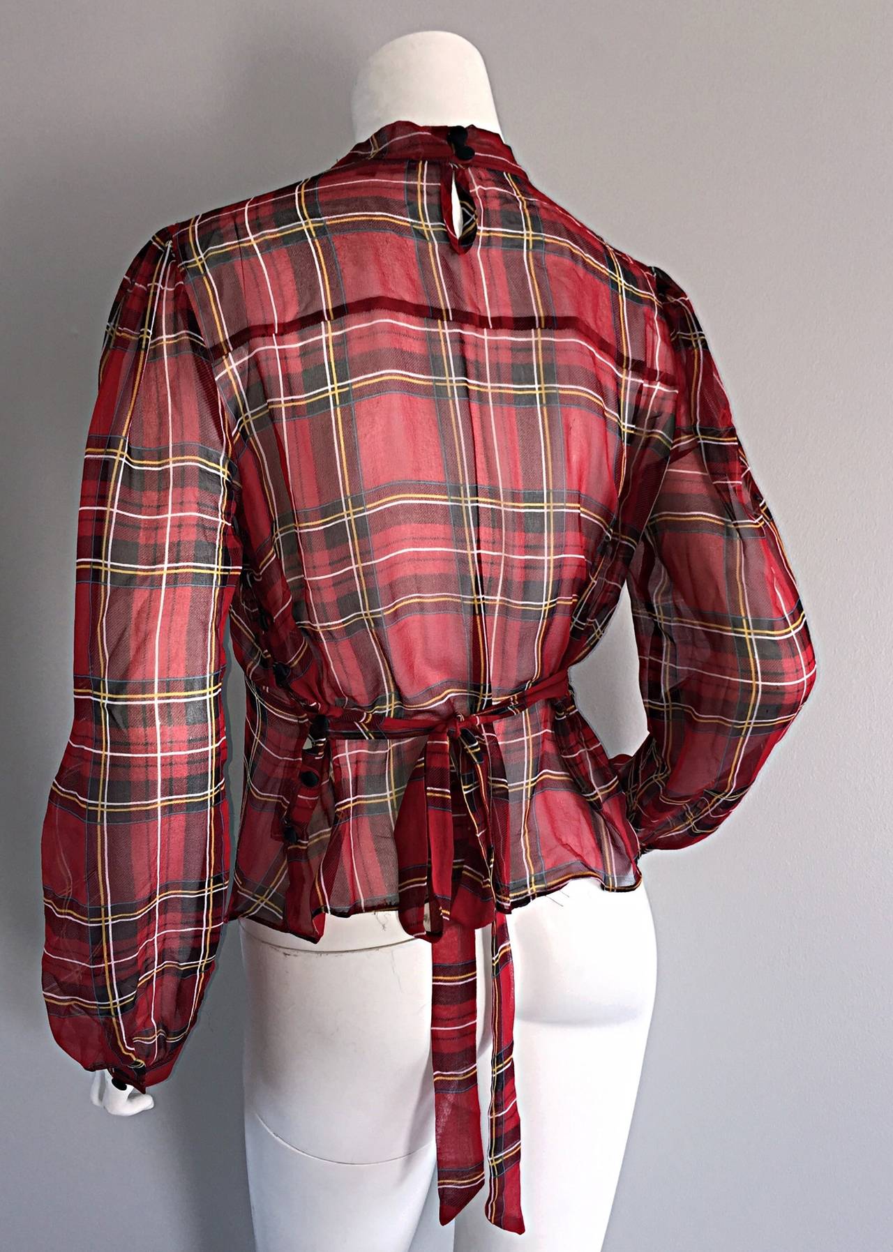 1990s Vintage Betsey Johnson Tartan Plaid Tuxedo Ruffle Silk Blouse w ...