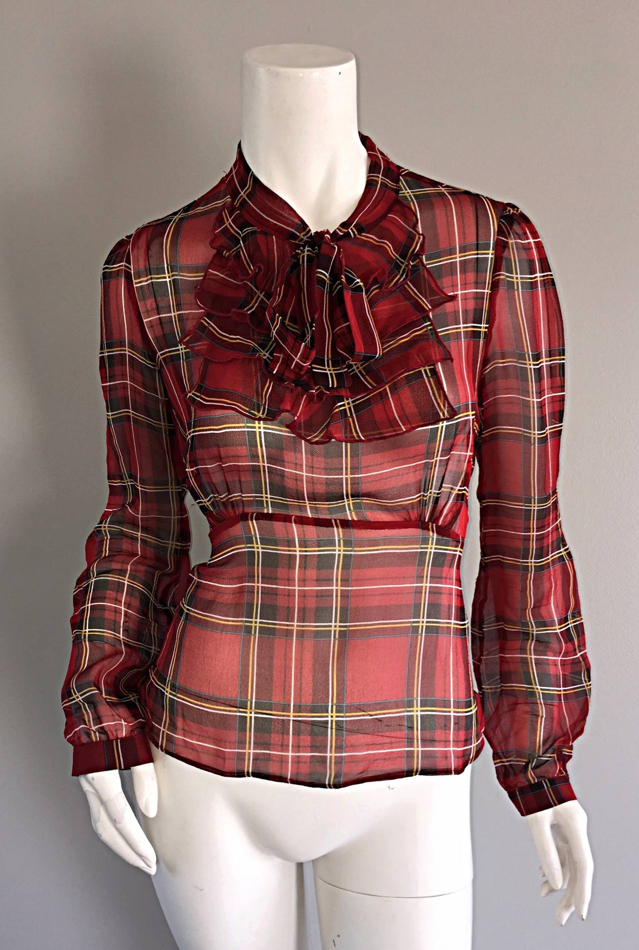 1990s Vintage Betsey Johnson Tartan Plaid Tuxedo Ruffle Silk Blouse w ...