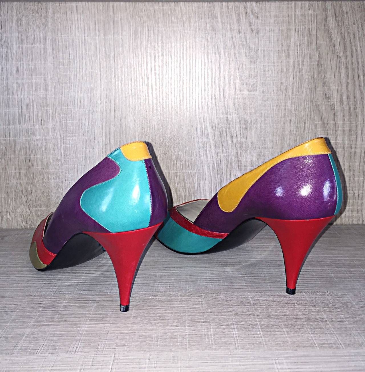 New 1980s Sz. 9.5 Color Block Leather / Snakeskin High Heels / Vintage ...