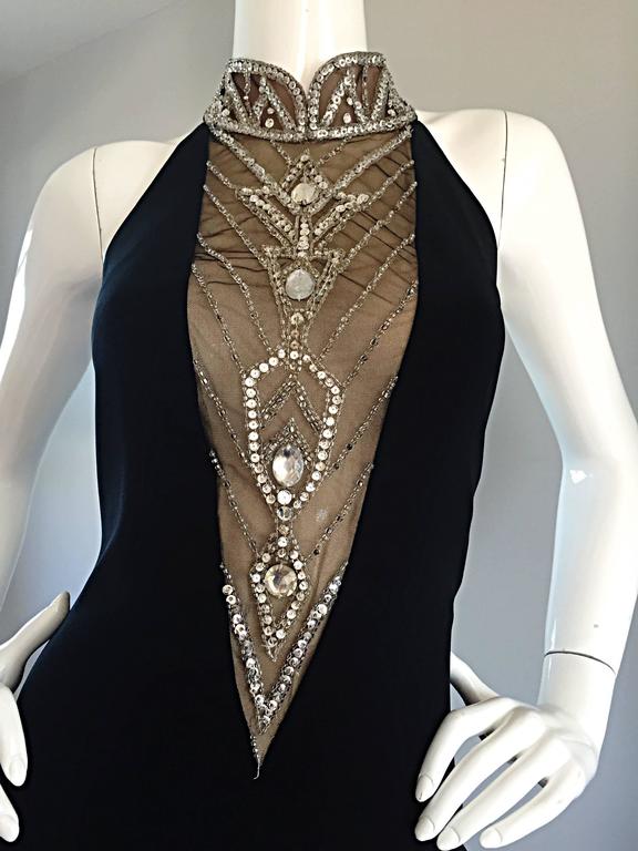 Sexy Vintage Bob Mackie Nude Illusion Plunging Rhinestone Black Dress