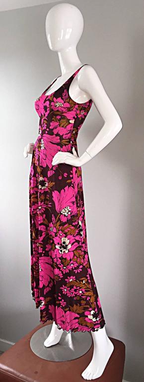 1970s Michael Dayan Hot Pink + Brown Floral 70s Vintage Jersey Maxi ...