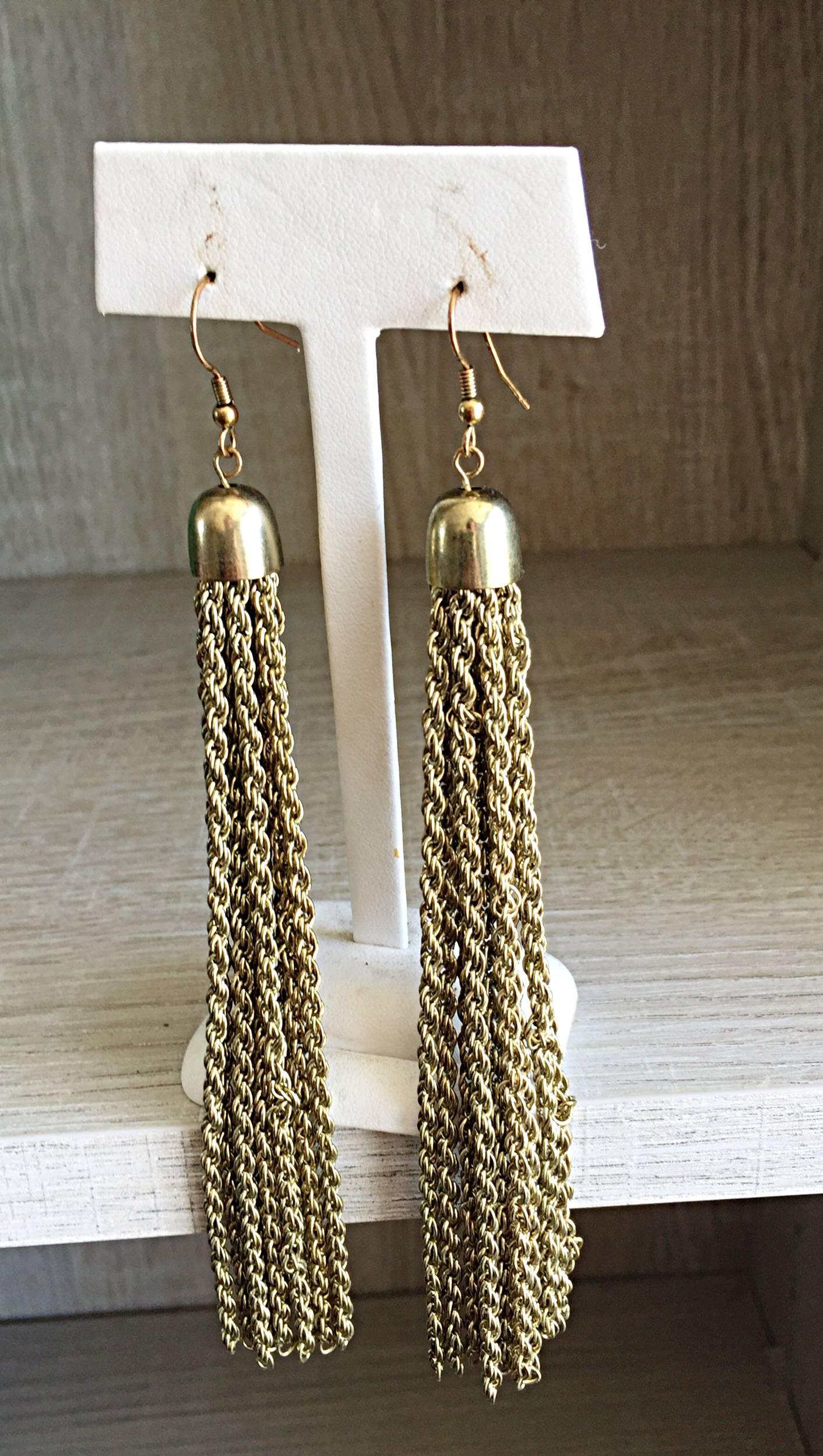 1970s 70s Vintage Tassel Gold Brushed Brass Long Disco Chain Earrings ...