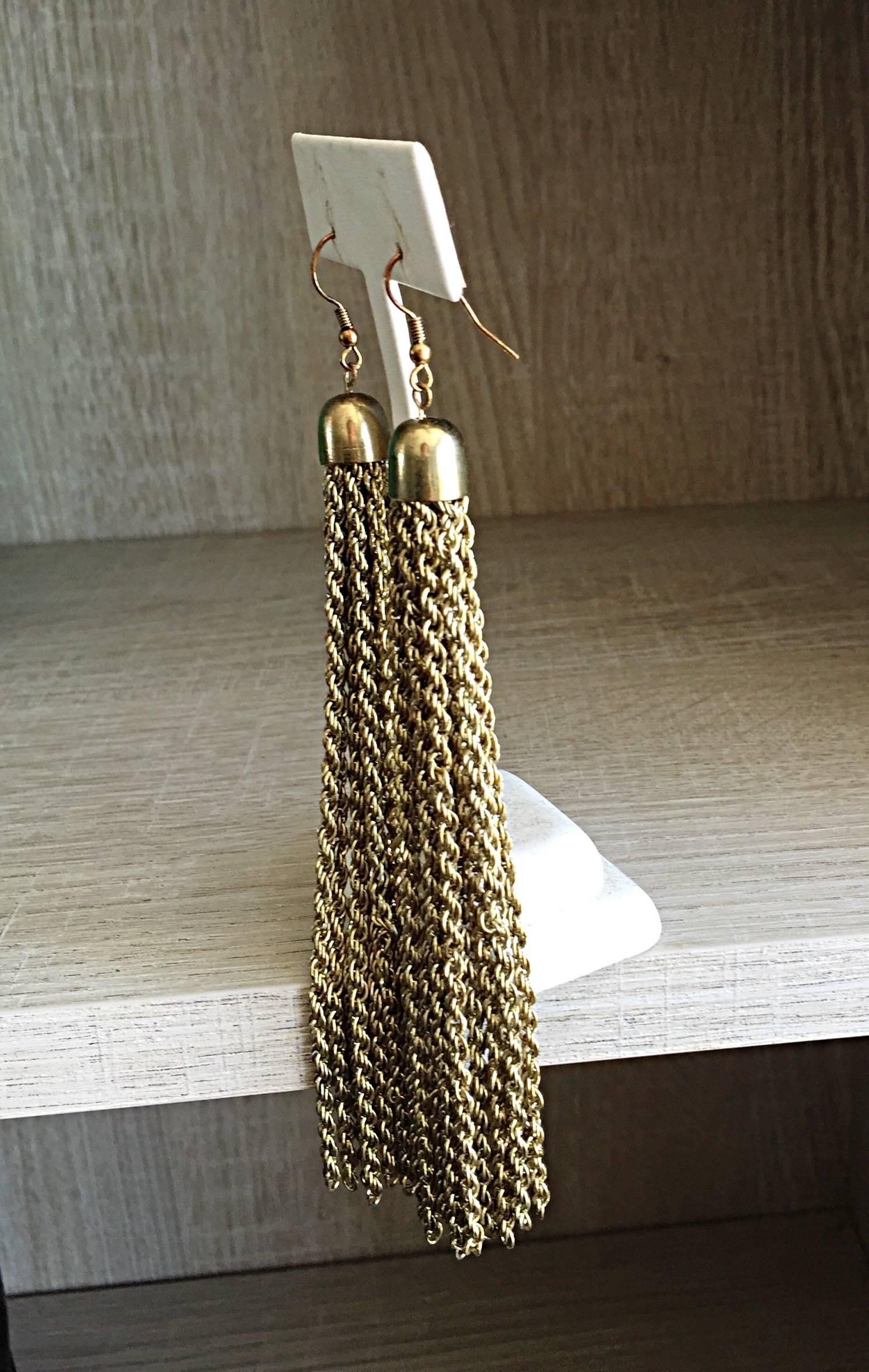 1970s 70s Vintage Tassel Gold Brushed Brass Long Disco Chain Earrings ...