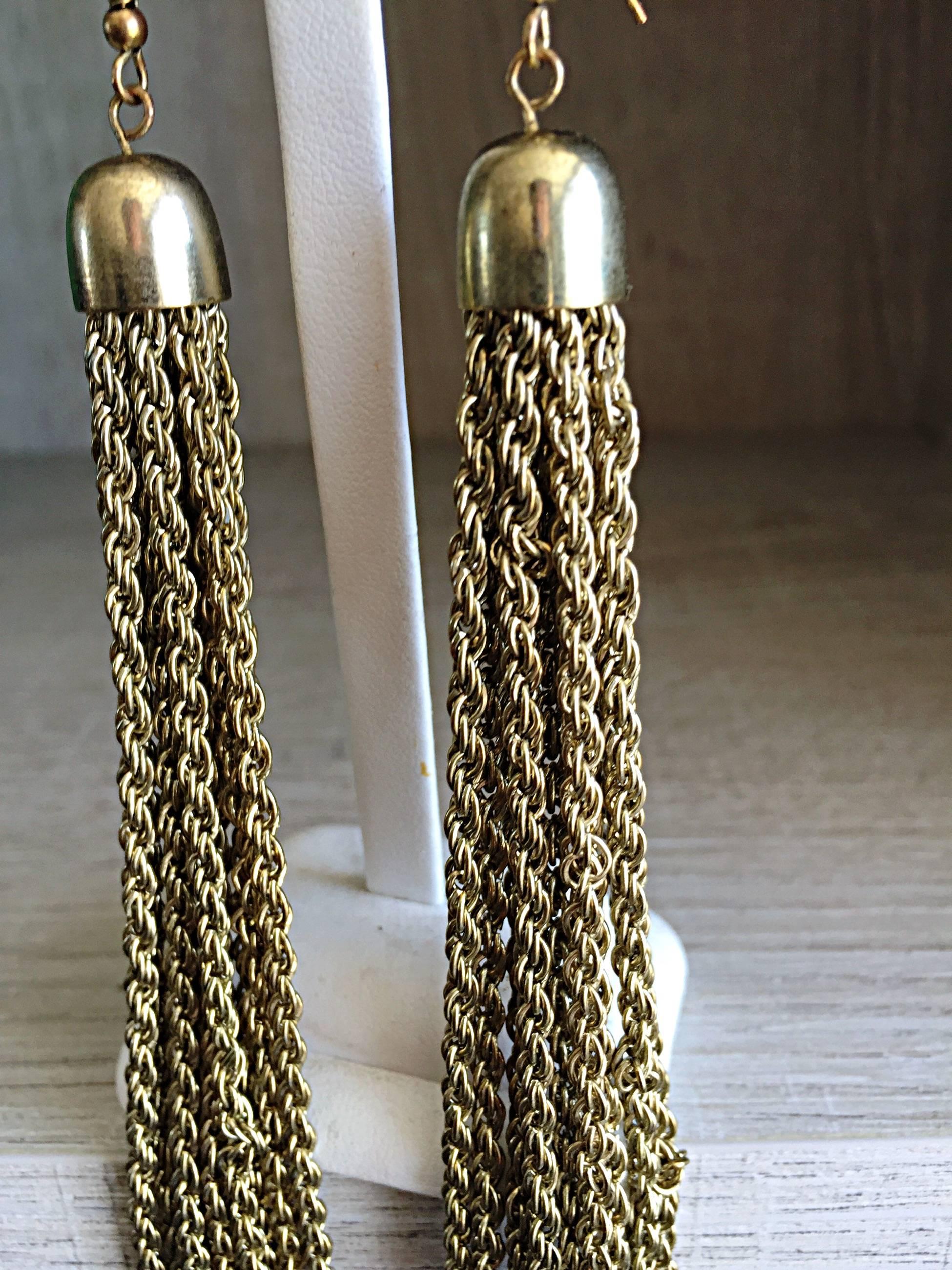 1970s 70s Vintage Tassel Gold Brushed Brass Long Disco Chain Earrings ...