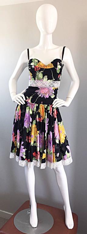 Tracy Feith Black Cotton Floral Print Lace Pretty Sun Dress w/ Full ...