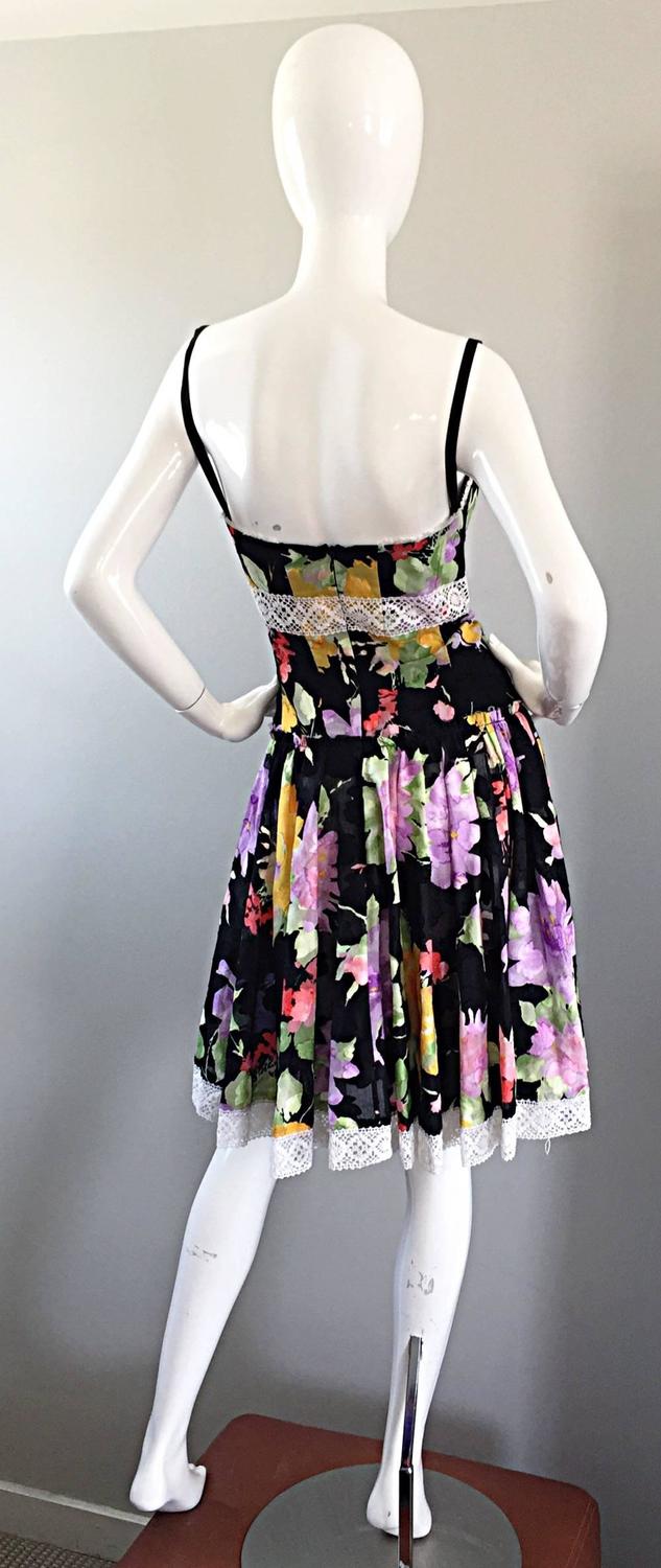 Tracy Feith Black Cotton Floral Print Lace Pretty Sun Dress w/ Full ...