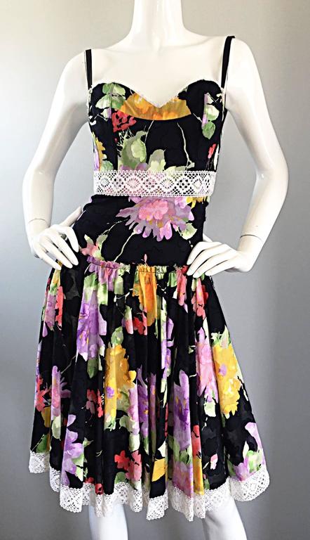 Tracy Feith Black Cotton Floral Print Lace Pretty Sun Dress w/ Full ...
