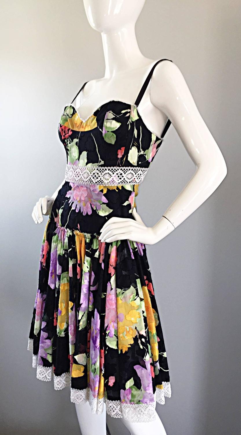 Tracy Feith Black Cotton Floral Print Lace Pretty Sun Dress w/ Full ...