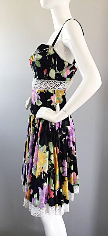 Tracy Feith Black Cotton Floral Print Lace Pretty Sun Dress w/ Full ...