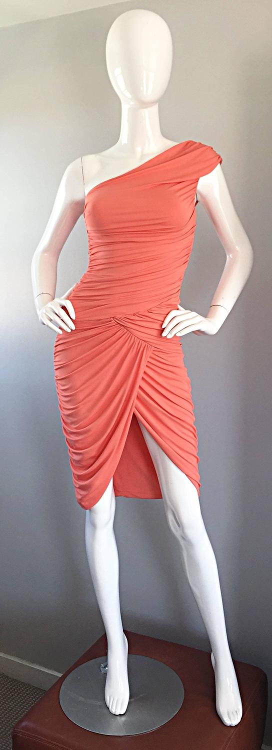 Michael Kors Collection Coral Jersey Ruched Grecian One Shoulder Toga ...