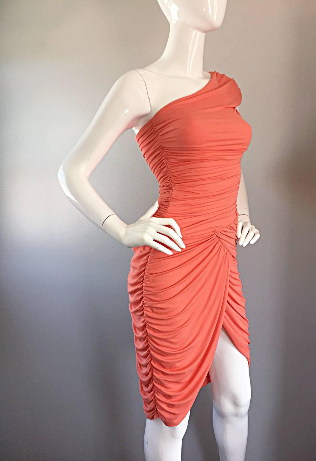 Michael Kors Collection Coral Jersey Ruched Grecian One Shoulder Toga ...