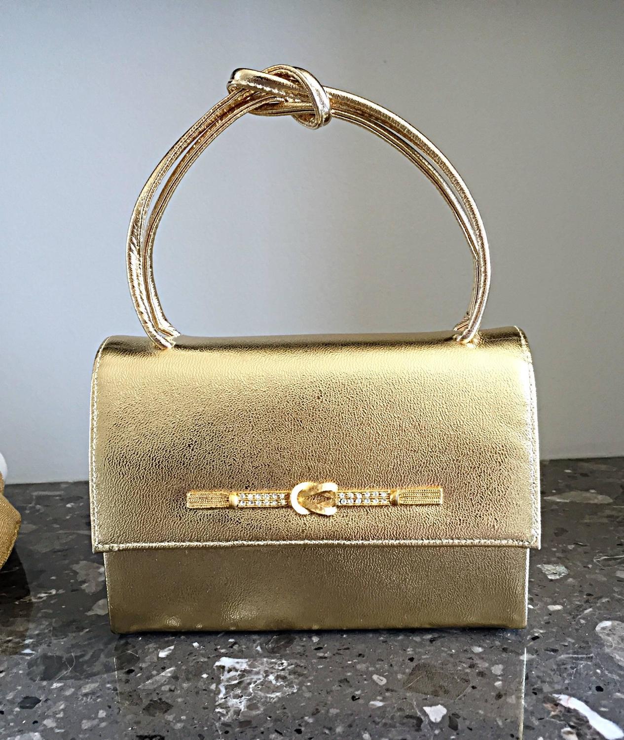 1950s Vintage Gold Metallic Leather 50s Purse Bag w/ Matching Gold ...