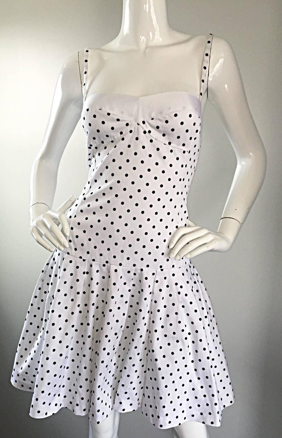 Enrico Coveri 1980s Vintage White And Black Polka Dot Cotton Fit And