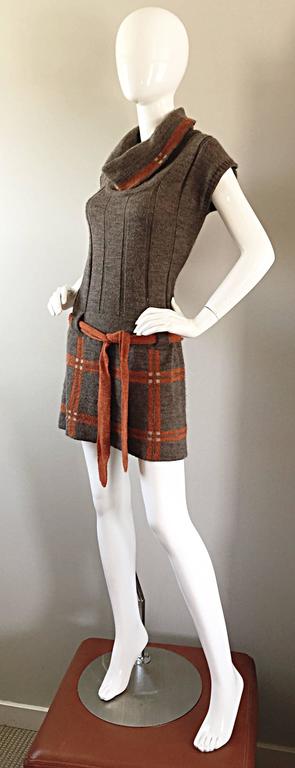 Vintage Cocogio Brown + Grey + Orange Cowl Neck Belted Plaid Sweater ...