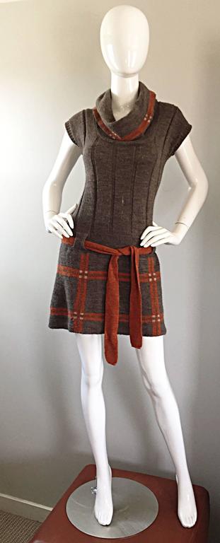 Vintage Cocogio Brown + Grey + Orange Cowl Neck Belted Plaid Sweater ...