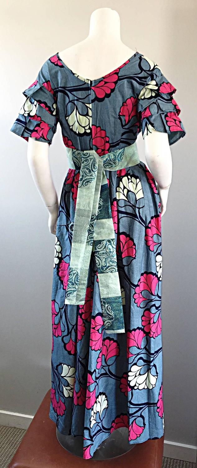 Chic 1970s Vintage Blue and Pink Cotton + Silk Brocade Belted 70s Maxi ...