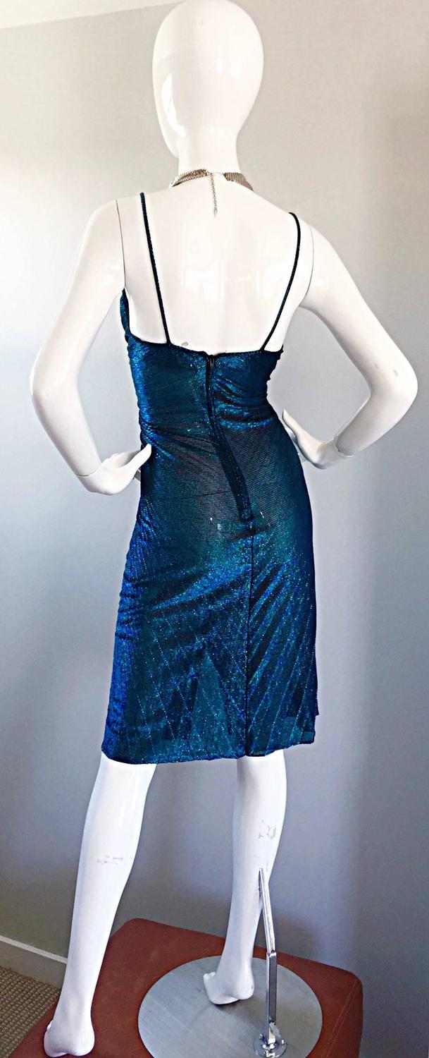 SAMIR Vintage Blue Metallic 1970s Pleated 70s Disco Slinky Sexy Dress ...