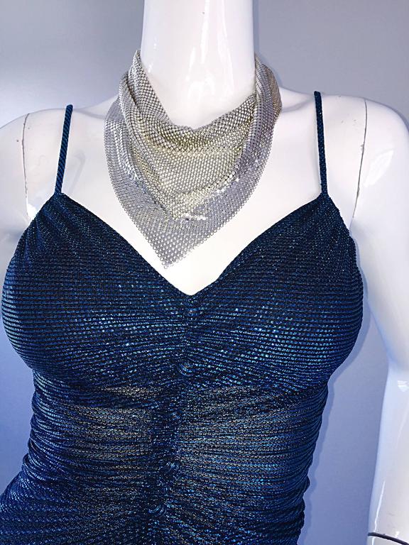 SAMIR Vintage Blue Metallic 1970s Pleated 70s Disco Slinky Sexy Dress ...