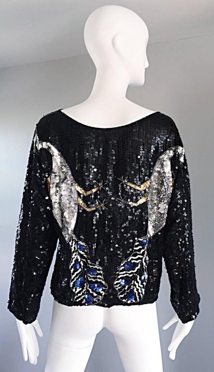Amazing Vintage Fully Sequined ' Peacocks ' Black Silk Long SLeeve ...