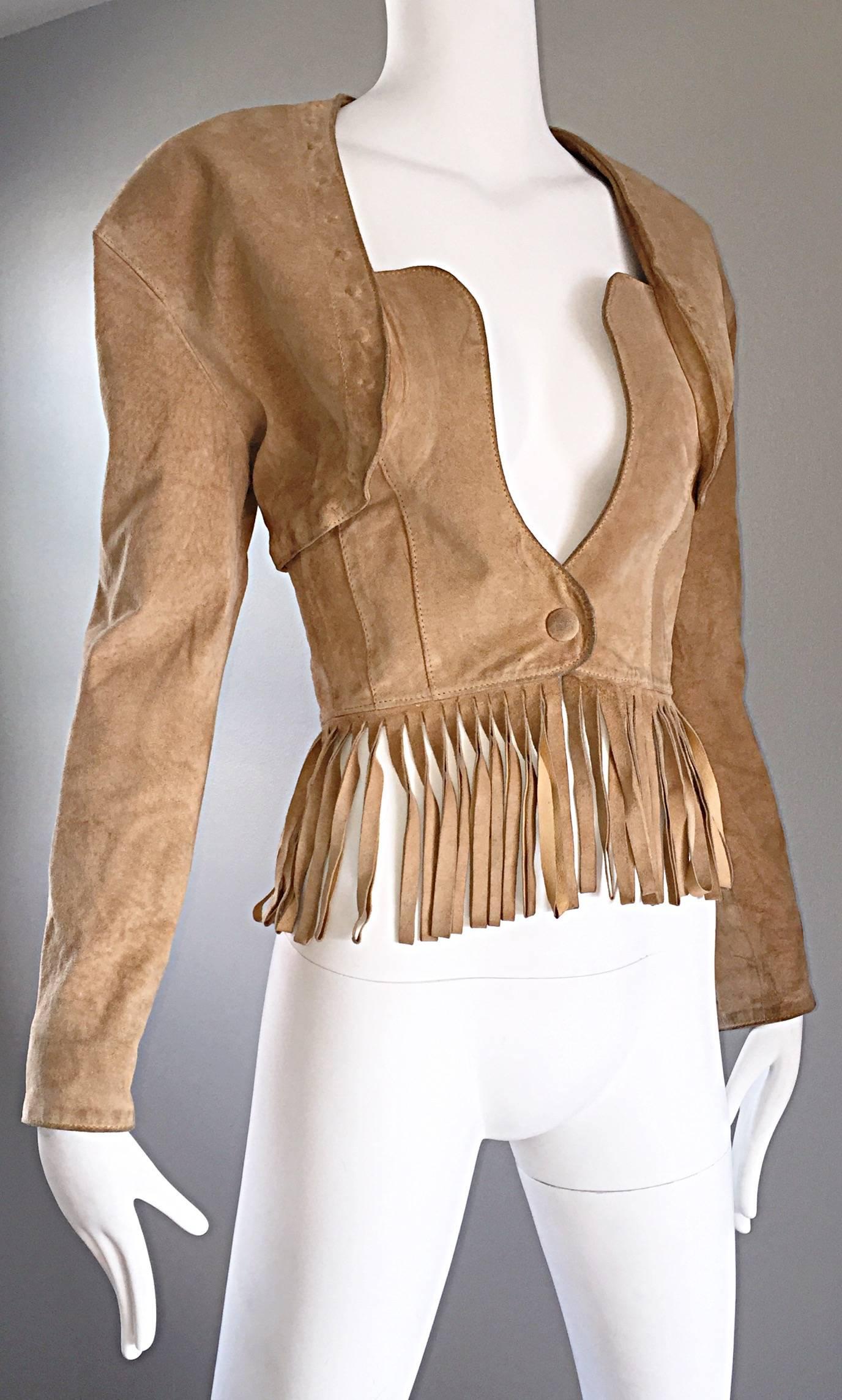 Vintage Jean Claude Jitrois 1990s Tan Beige Leather Suede Fringe ...