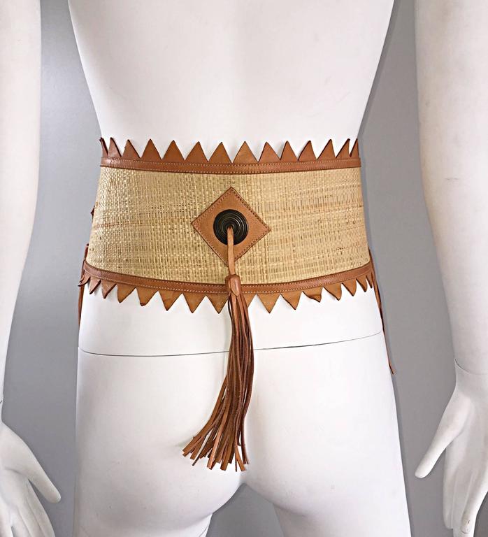 Chic 1970s Tan Saddle Leather and Straw 70s Boho Belt w/ Leather Fringe ...