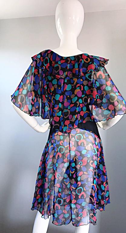 Bob Mackie Vintage 1980s Boho Colorful Black Semi Sheer Back Ruffle 80s ...