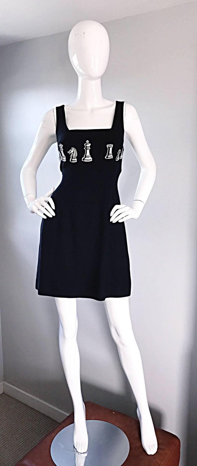 1990s Nicole Miller Vintage Black and White ' Chess ' Embroidered Black ...