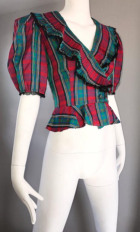 Chic 1970s Red and Green Plaid Taffeta + Lace Victorian Revival Vintage ...