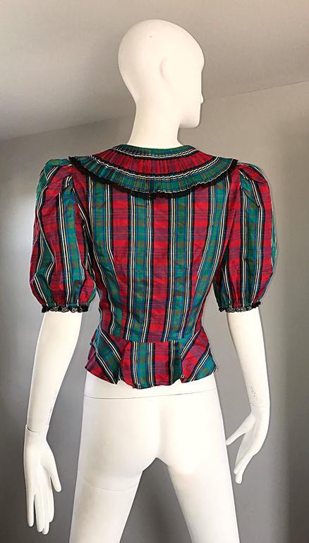 Chic 1970s Red and Green Plaid Taffeta + Lace Victorian Revival Vintage ...