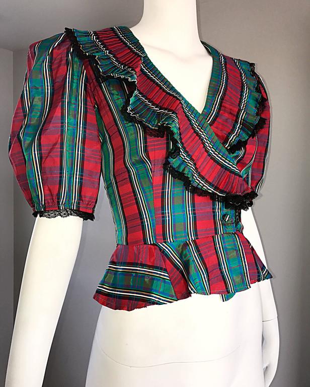 Chic 1970s Red and Green Plaid Taffeta + Lace Victorian Revival Vintage ...