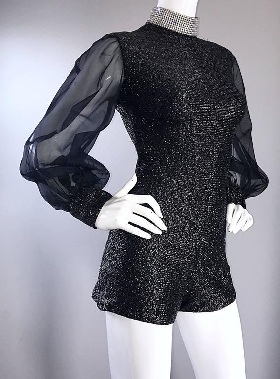 1970s Black Chiffon Lurex Rhinestone Disco Romper and Full Length Ball ...