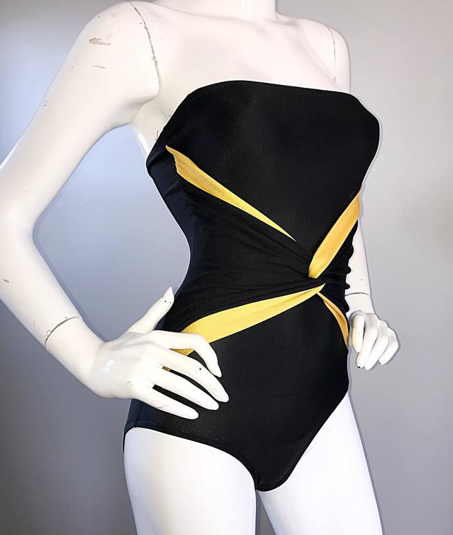 Vintage Oscar de la Renta Black + Yellow Bumble Bee Strapless Swimsuit ...