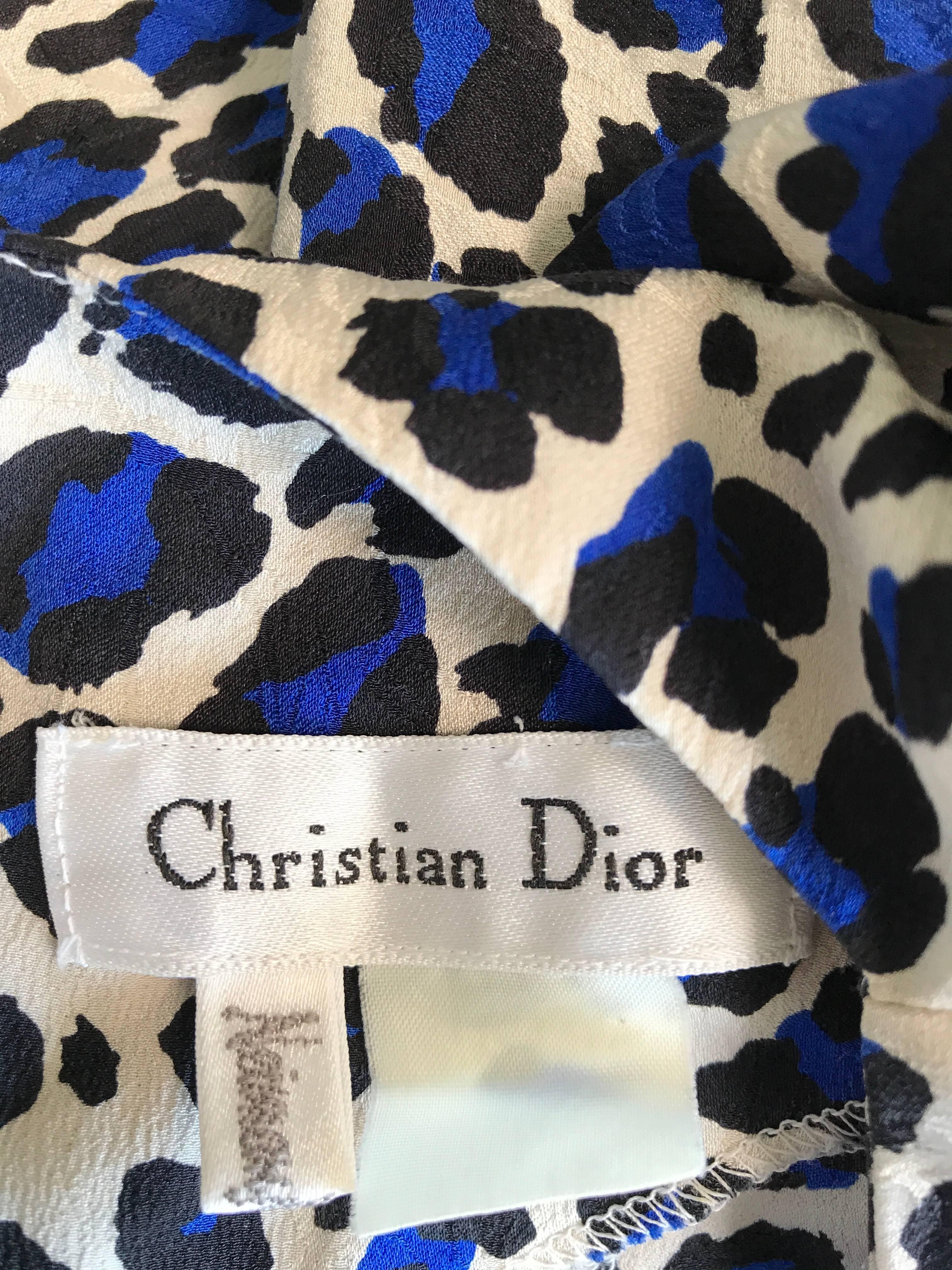 Vintage Christian Dior 1980s Blue Leopard Print Silk Dolman Sleeve 80s ...