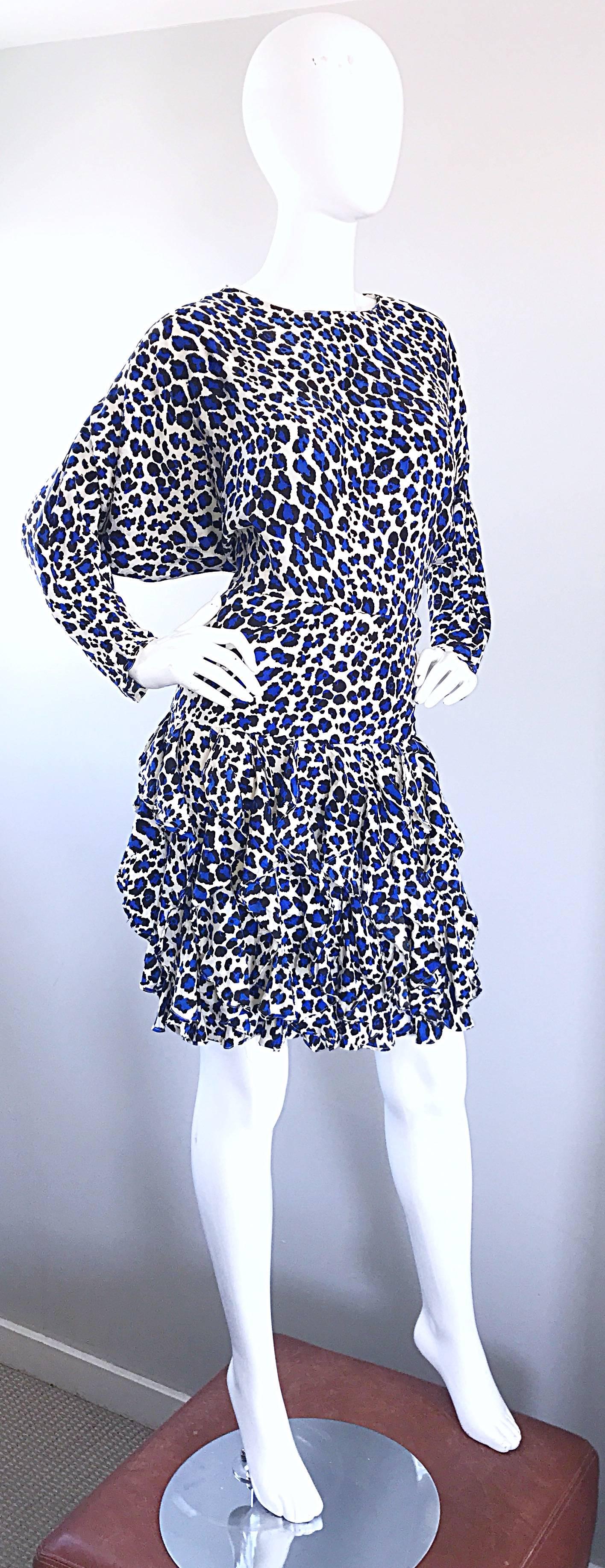 Vintage Christian Dior 1980s Blue Leopard Print Silk Dolman Sleeve 80s ...