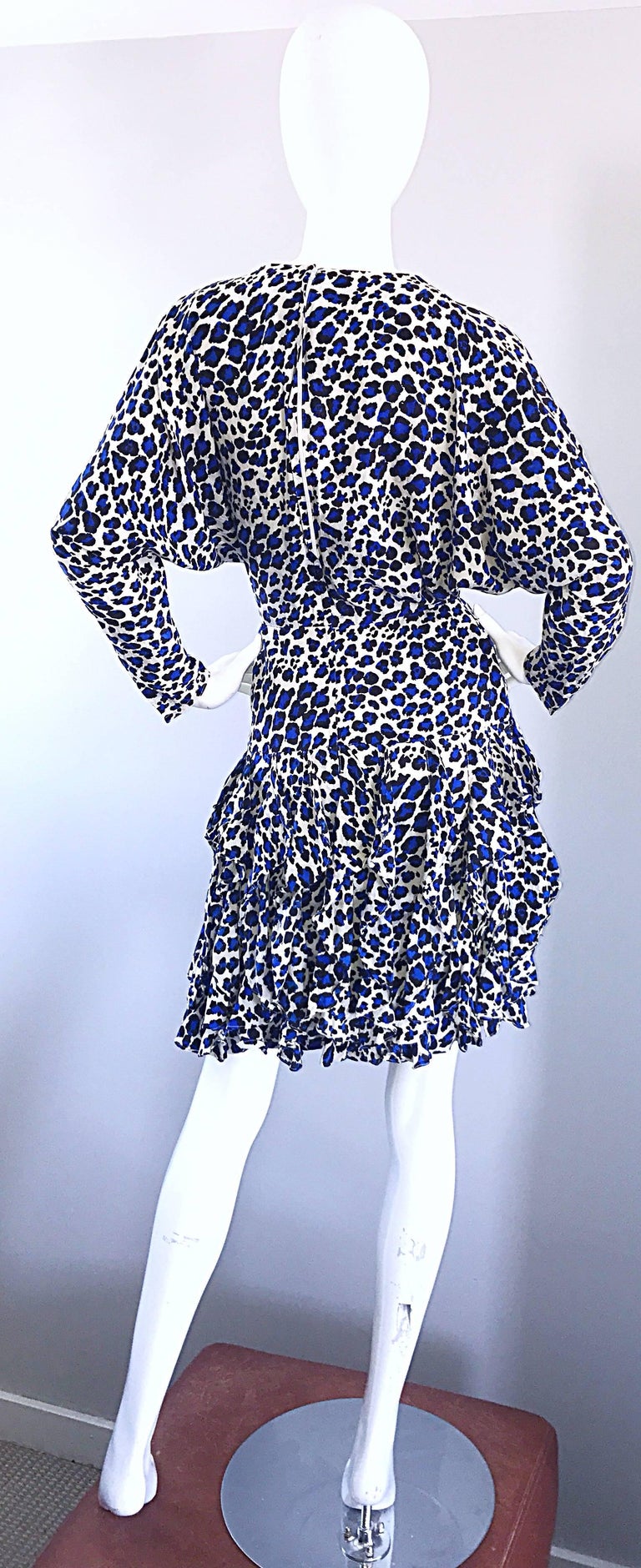 Vintage Christian Dior 1980s Blue Leopard Print Silk Dolman Sleeve 80s ...