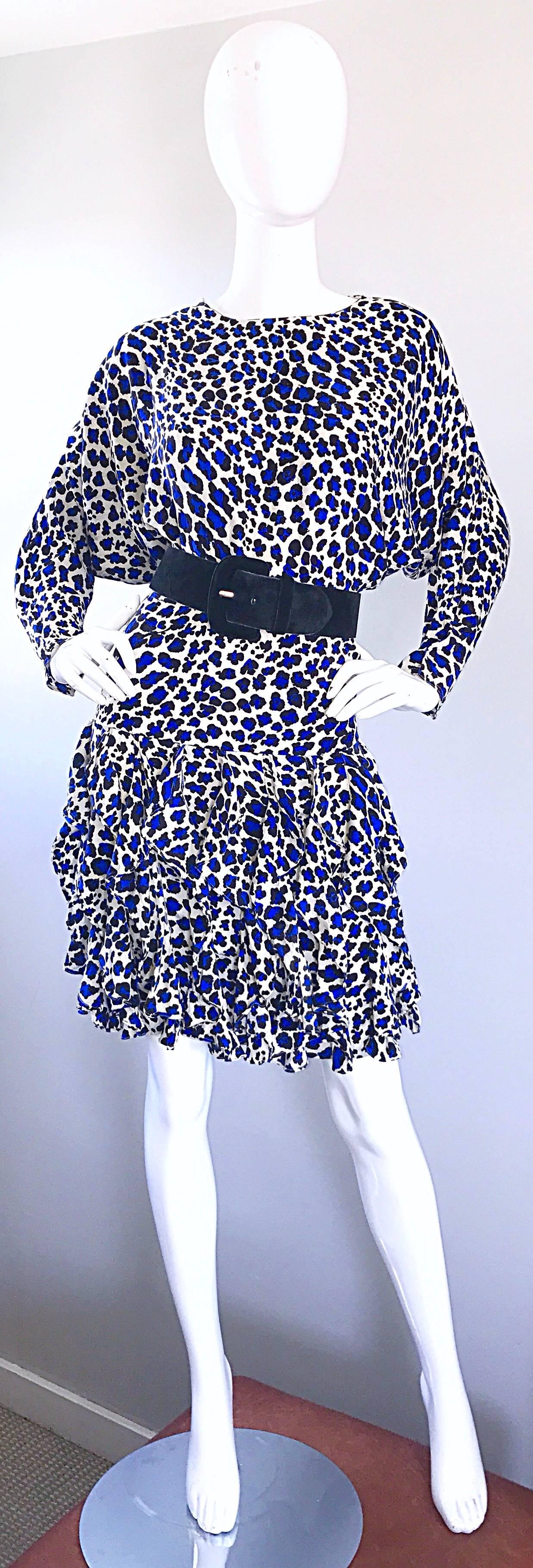 Vintage Christian Dior 1980s Blue Leopard Print Silk Dolman Sleeve 80s ...
