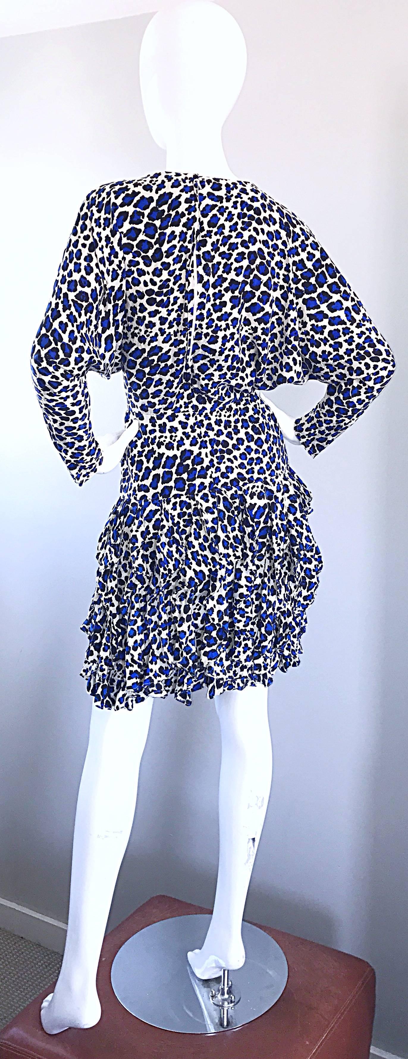 Vintage Christian Dior 1980s Blue Leopard Print Silk Dolman Sleeve 80s ...