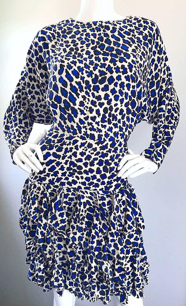 Vintage Christian Dior 1980s Blue Leopard Print Silk Dolman Sleeve 80s ...