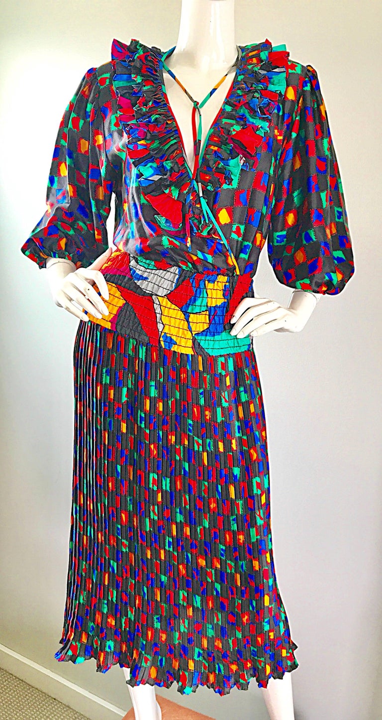 Diane Freis 1980s Colorful Mosaic Print Boho Ruffle Vintage 80s Midi ...