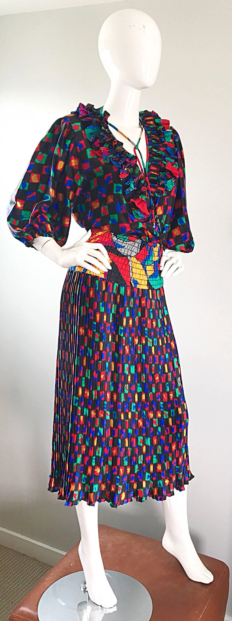 Diane Freis 1980s Colorful Mosaic Print Boho Ruffle Vintage 80s Midi ...