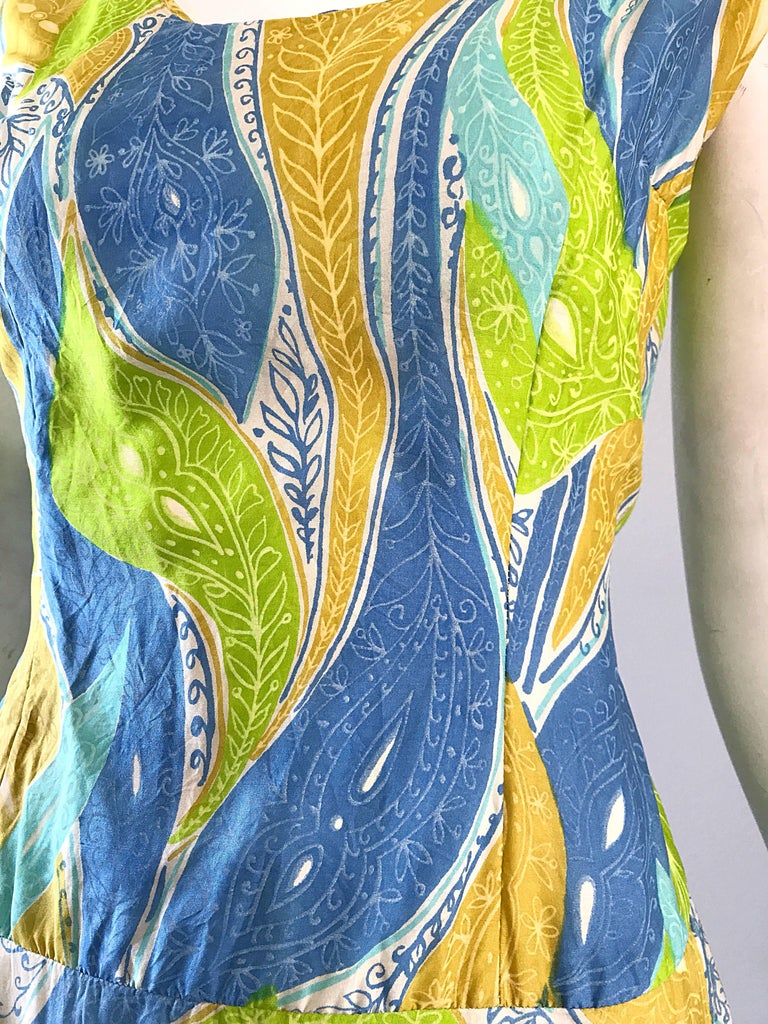 1960s Fern Violette Blue + Lime Green Paisley Tropical Print Silk A ...