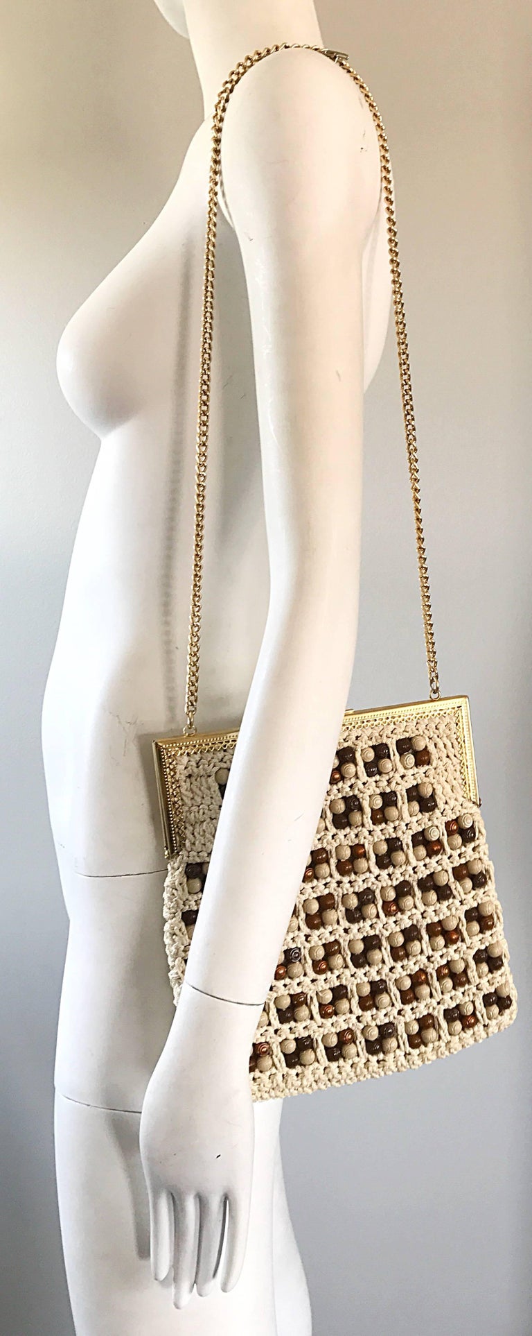1970s Italian Ivory + Brown Hand Crochet Gold Chain Boho Vintage ...